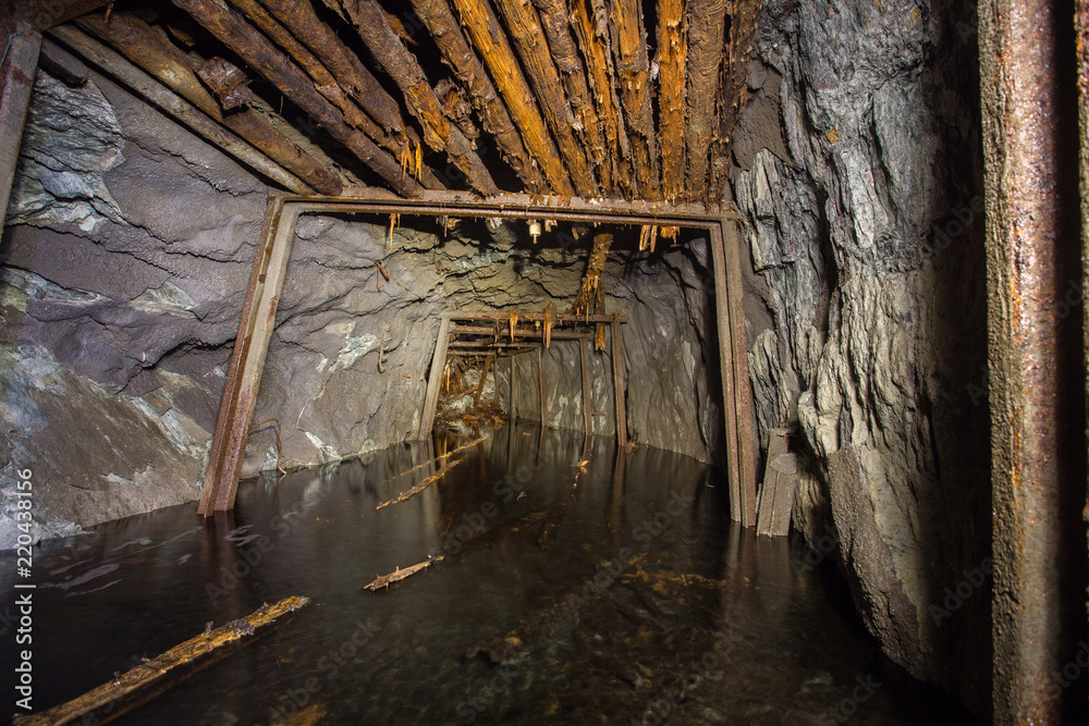 Underground abandoned gold iron ore mine shaft tunnel gallery passage ...