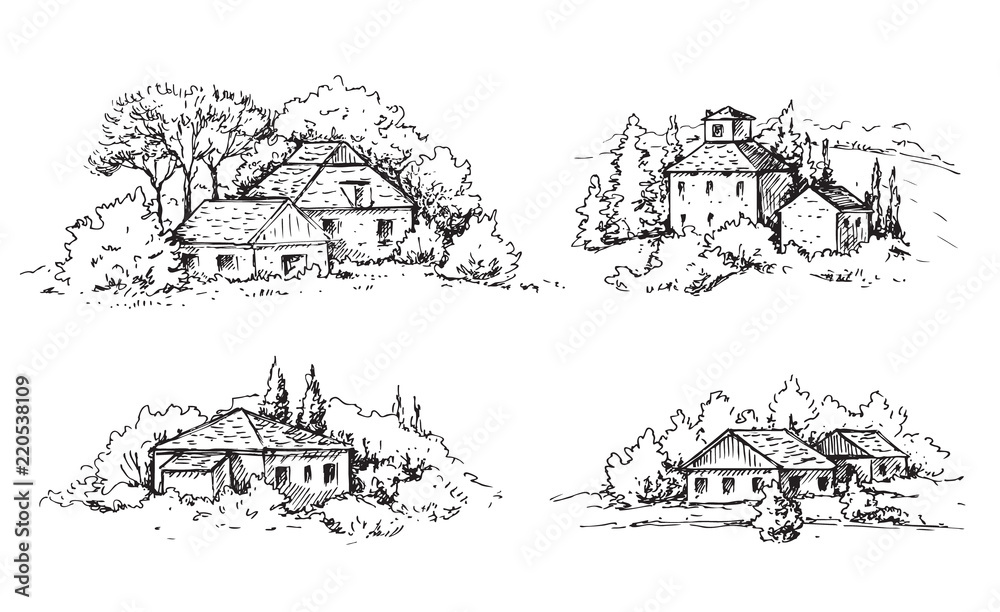 Rural Scene with Houses and Trees Sketch Stock Vector | Adobe Stock