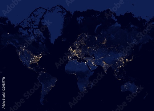 Map of the world at night in Mercator projection (no Antarctica ...