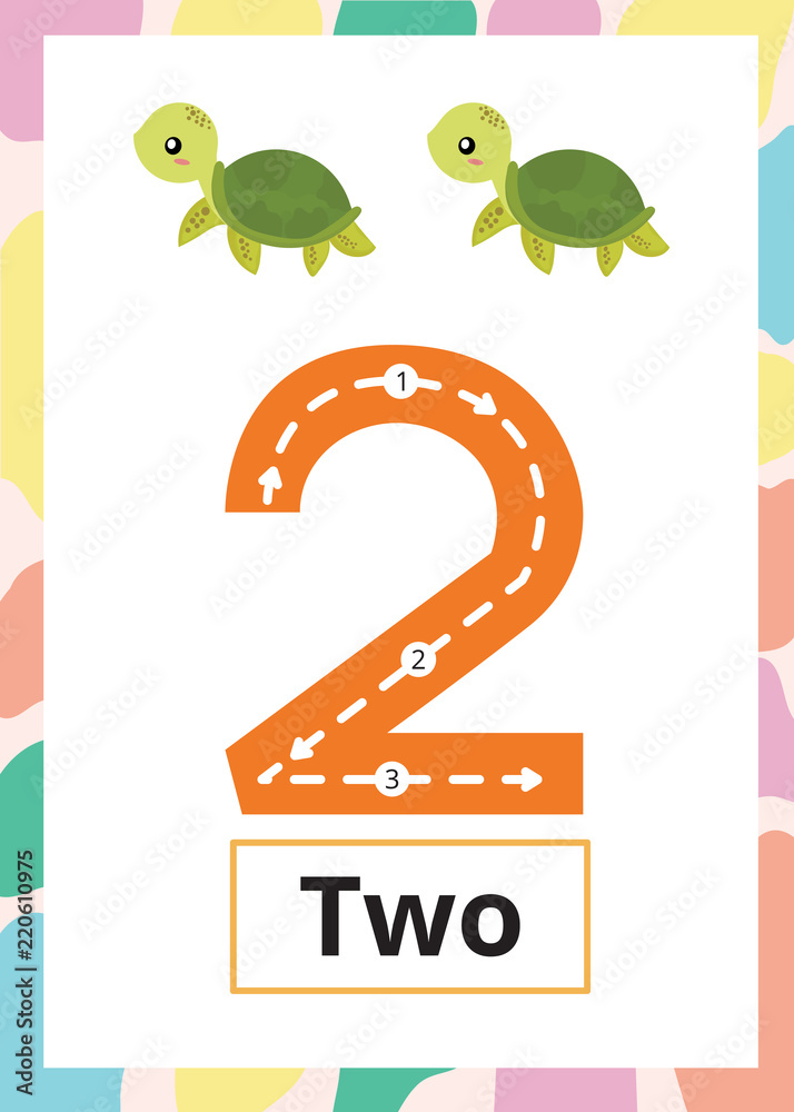 Number Tracing Worksheet two, 2, Kid number one with turtle. Stock ...