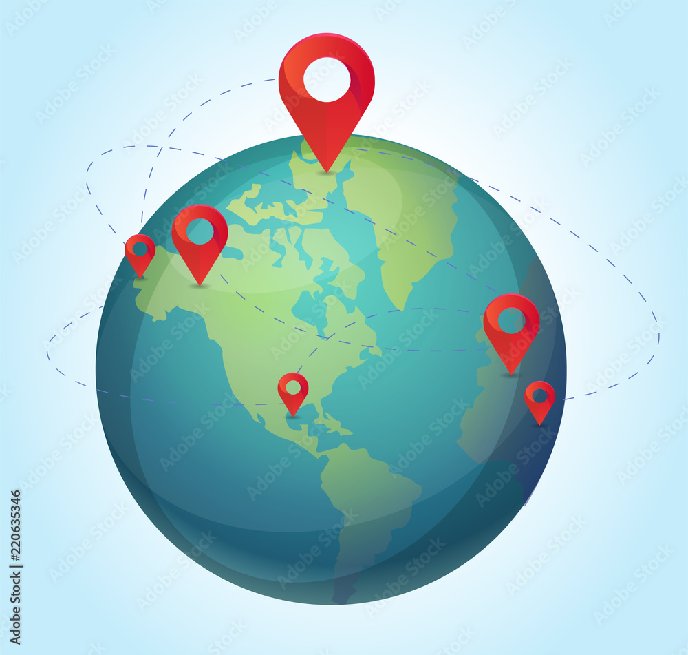 Vector world map with pins illustration. World with pins location icon ...