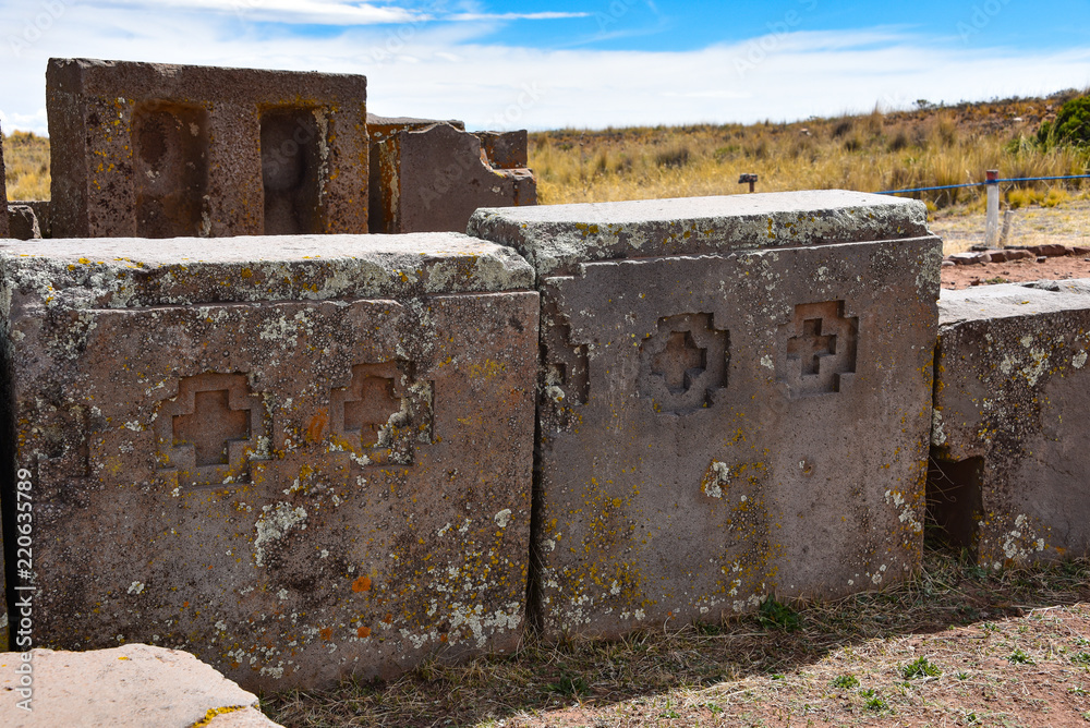 Elaborate stone carving in megalithic stone at Puma Punku, part of the ...