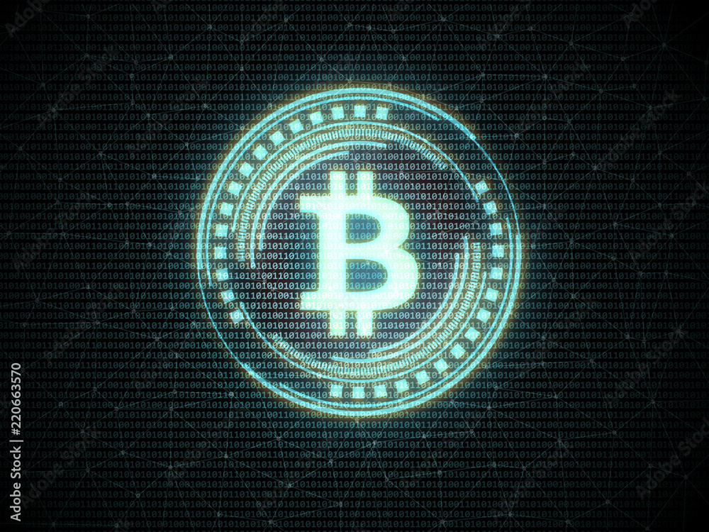 Futuristic modern glowing Bitcoin logo on digital binary background ...