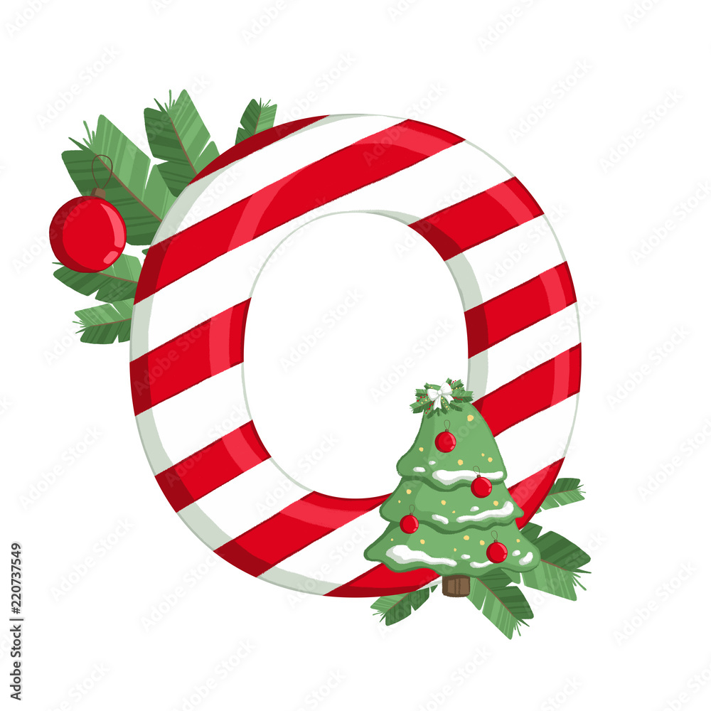 Christmas alphabet. Illustration of letter O with tree, lights and ...