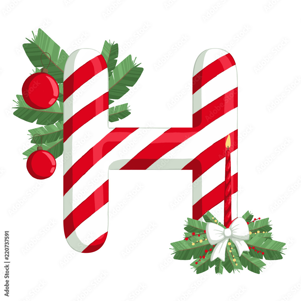 Christmas alphabet. Illustration of letter H with tree, candle and ...