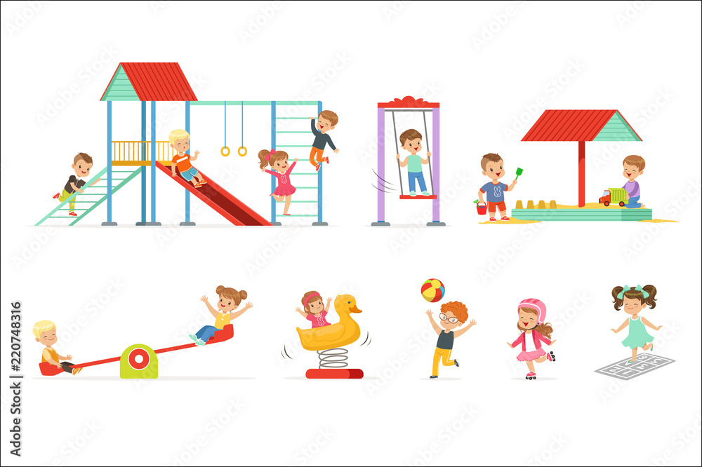 Cute cartoon little kids playing and having fun at the playground set ...