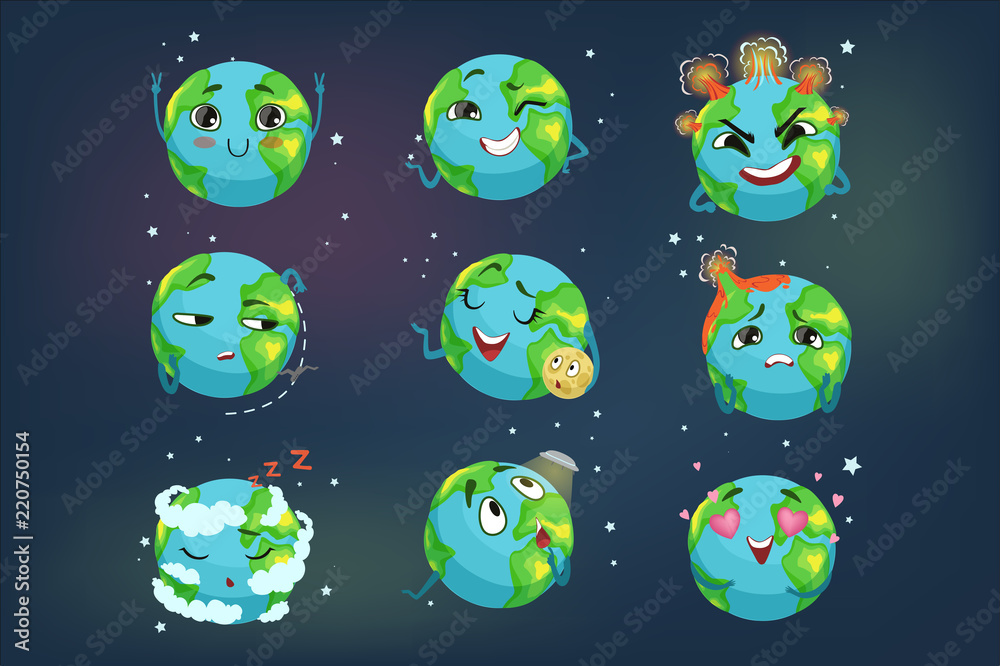 Cute funny planet Earth emoji showing different emotions set of ...