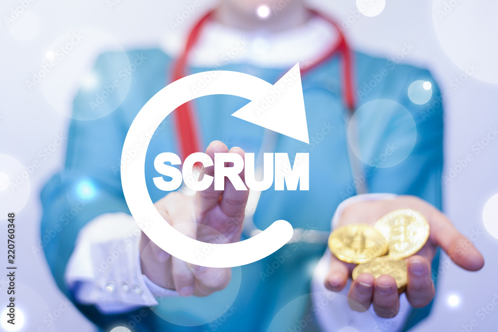 Female doctor clicks a scrum reload arrow and offers a gold coins ...