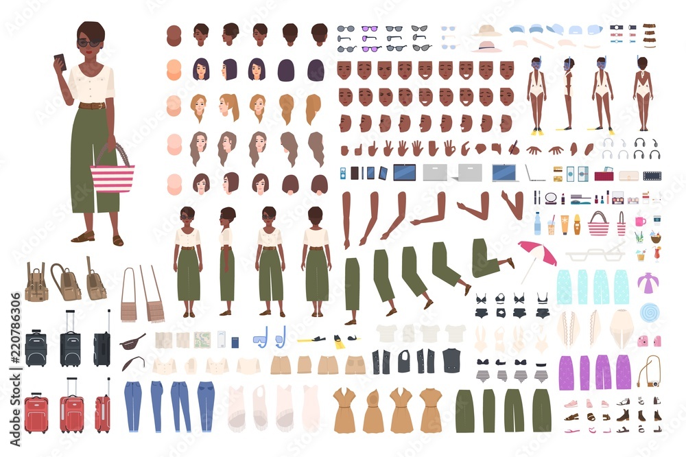 African American traveler woman animation kit. Collection of female ...
