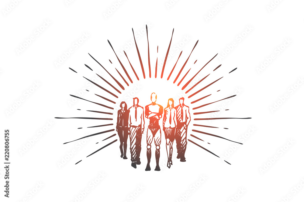 Teamwork, HCI, automation, technology, team concept. Hand drawn ...