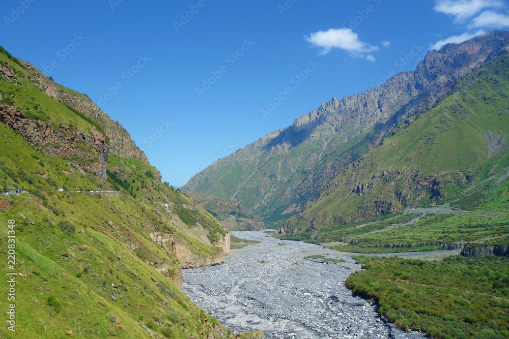 Landscape to famous Gveleti Waterfalls in the Darial Gorge in Kazbegi ...