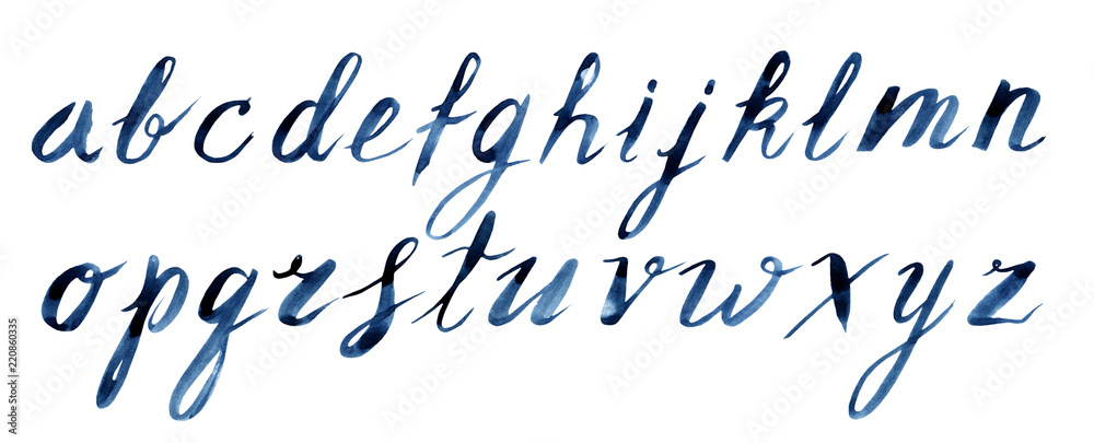 Blue watercolor hand drawn lower case letters font alphabet for decor a ...