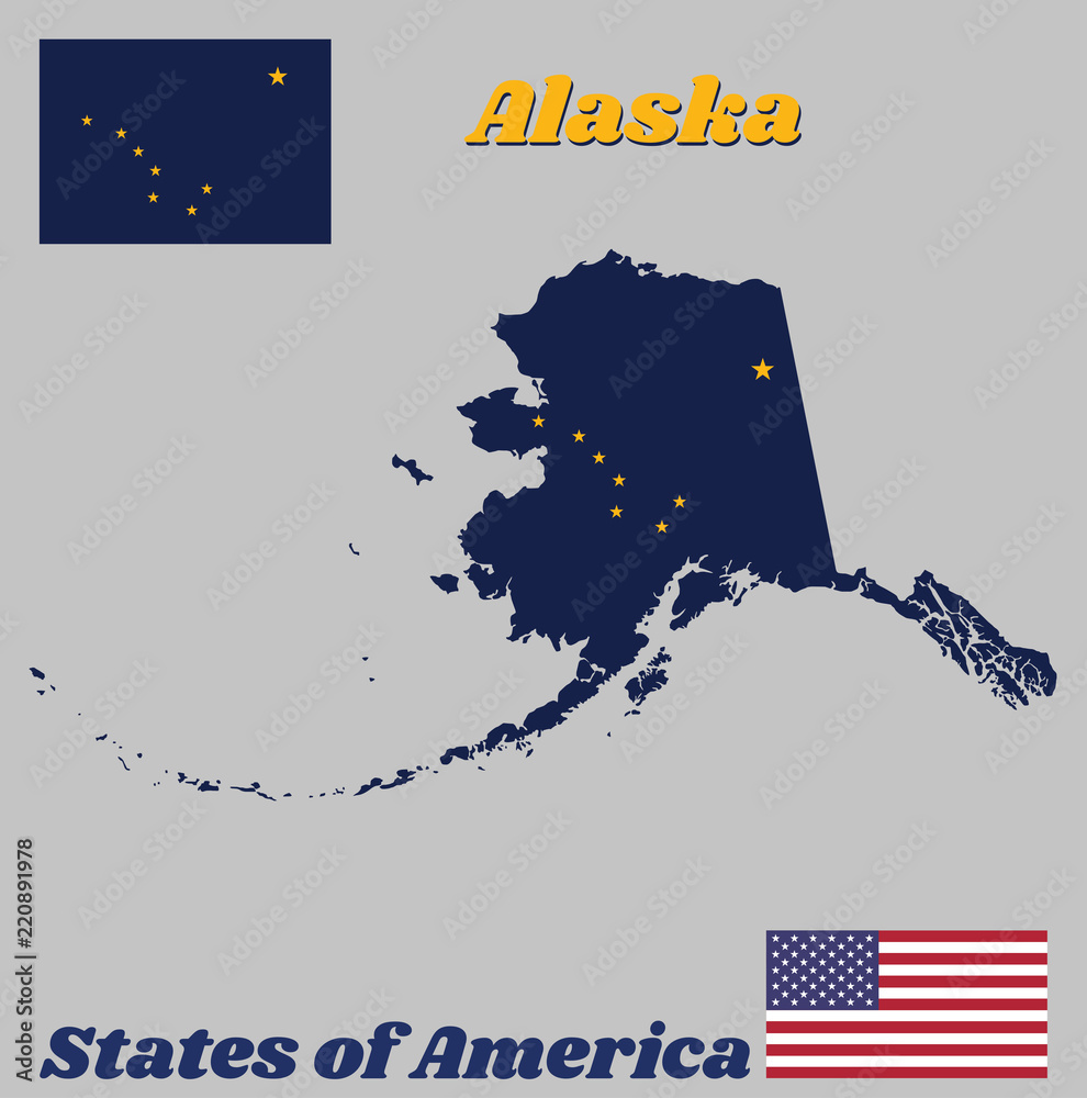 Map outline and flag of Alaska, Eight gold stars, in the shape of "the ...