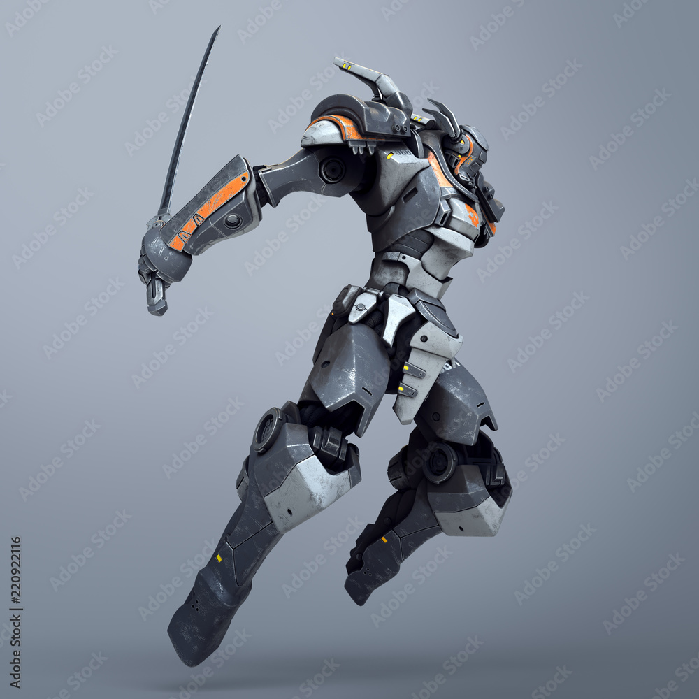 Sci-fi mech warrior jumping and attacking with katana sword. Sword in ...
