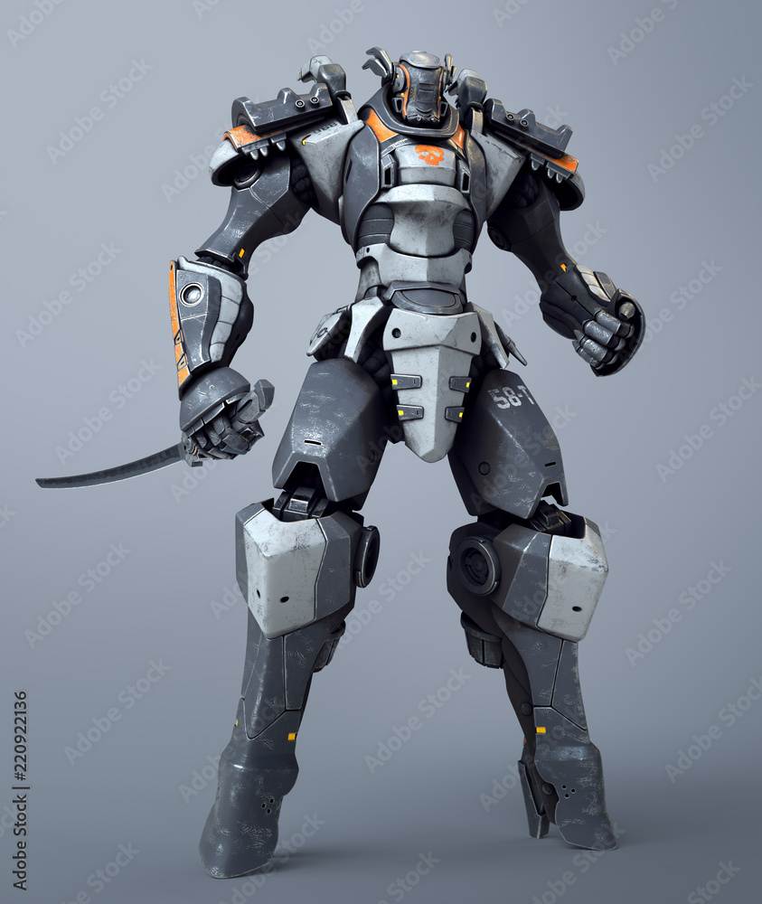 ภาพประกอบ Stock Mech samurai warrior standing and holding katana sword ...