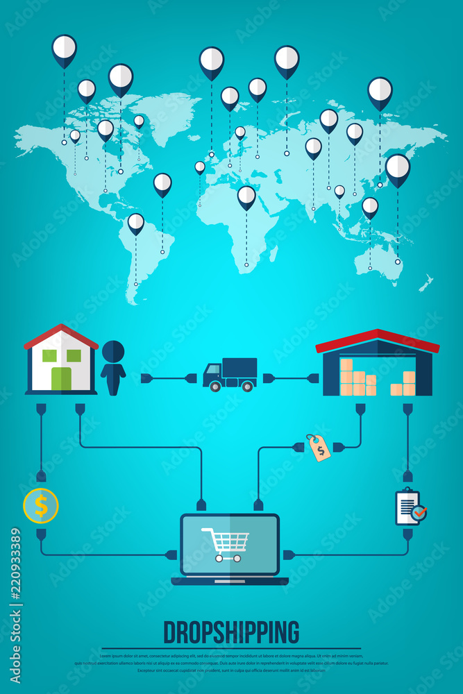 Dropshipping. Drop shipping concept. World map wit location markers and ...