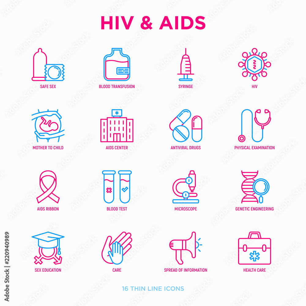 HIV and AIDs thin line icons set: safe sex, blood transfusion, syringe ...