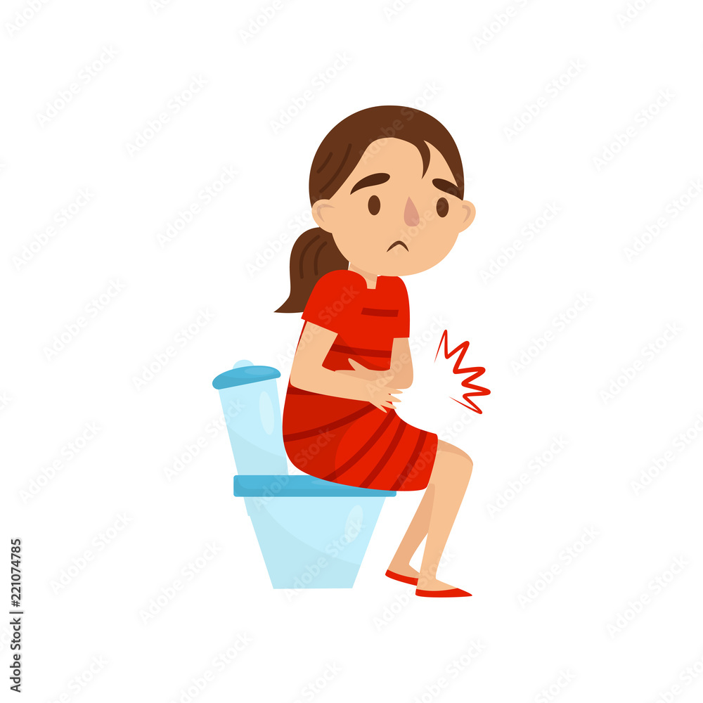 Child with stomach pains. Little girl sitting on toilet. Kid suffering ...