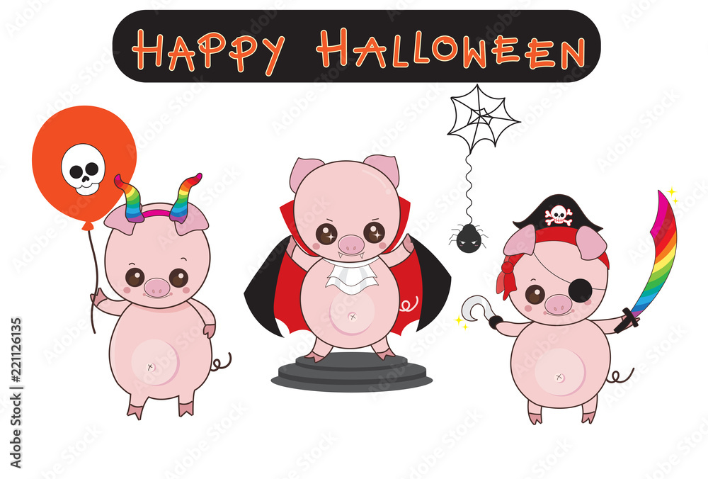 Set of cute little pig cartoon in different costume, dracula, pirate ...