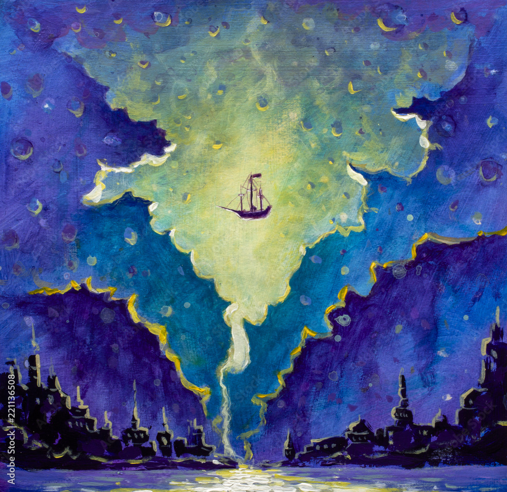 Old pirate ship, Peter Pan in space over black night city painting ...