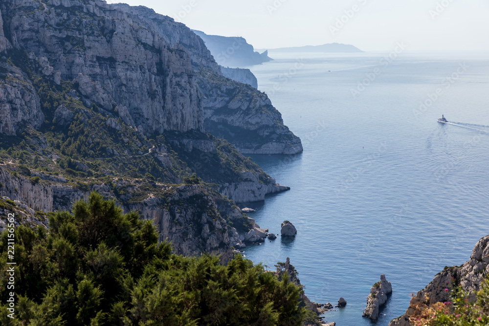 aerial view of rocky mountains and scenic sea coast in Calanques de ...
