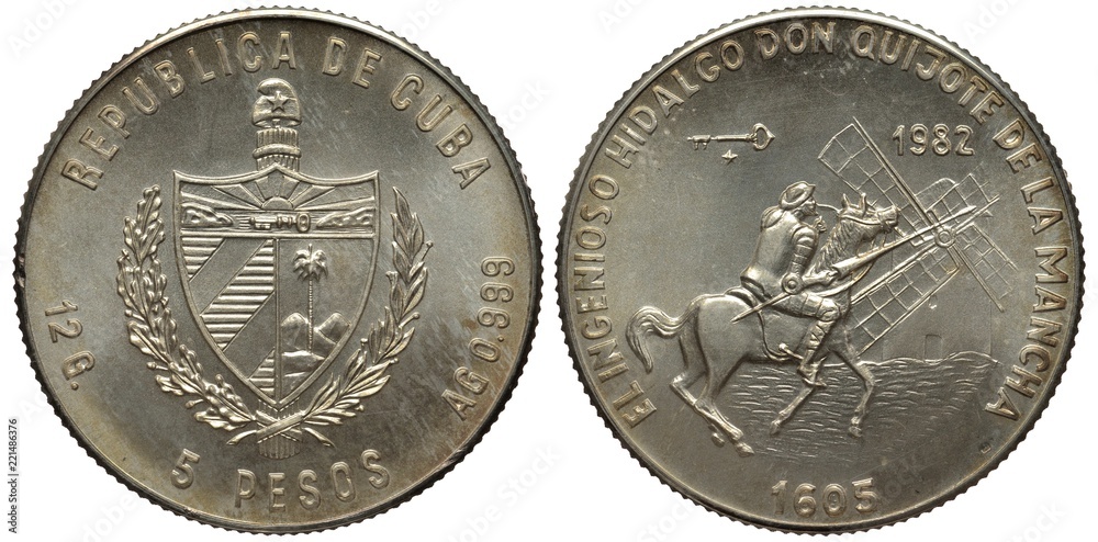 Cuba Cuban silver coin 5 five peso 1982, coat of arms, shield with ...