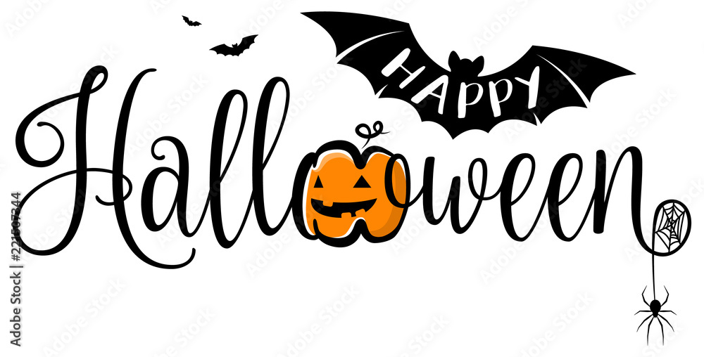 happy halloween lettering calligraphy logo with pumpkin, bat and spider ...
