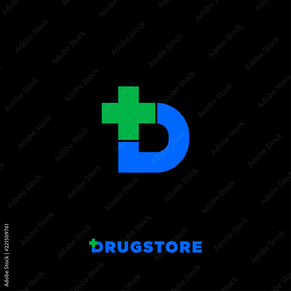 Drugstore logo. Letter D with pharmacy cross icon, isolated on a black ...