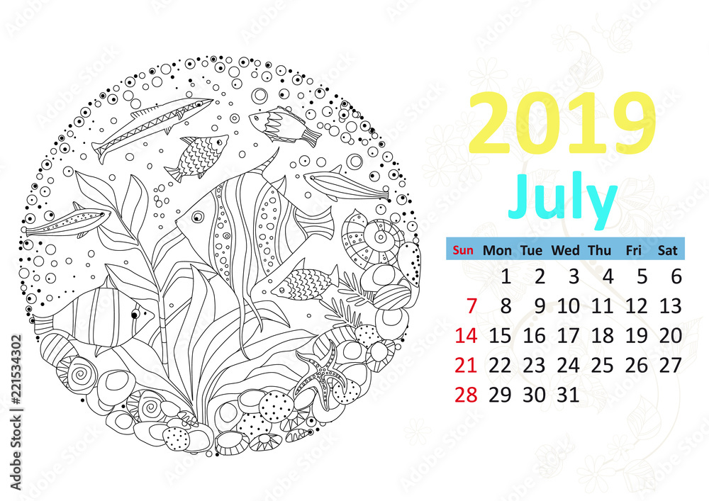 Happy coloring page. Calendar for 2019, july Stock Vector | Adobe Stock