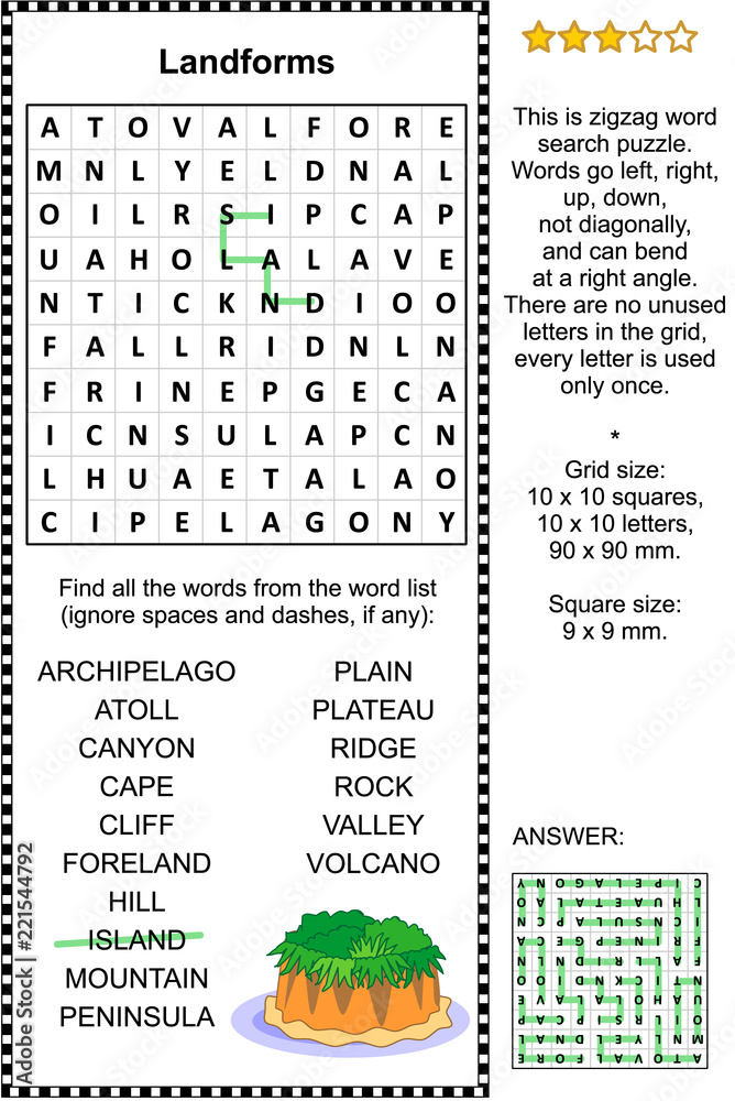 Landforms themed zigzag word search puzzle (suitable both for kids and ...