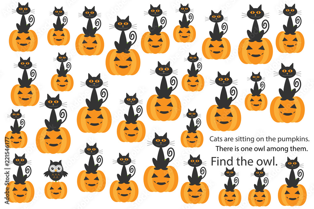 Find owl among cats on pumpkins, halloween fun education puzzle game ...