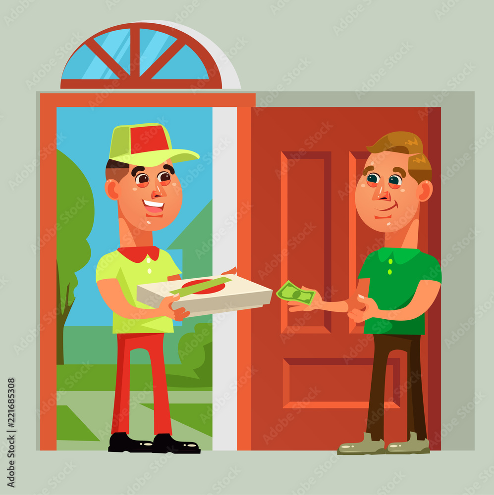 Pizza delivery man bring food to consumer character. Take away fast ...