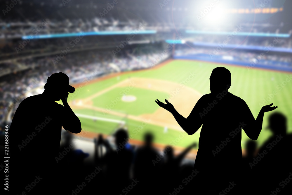 Sad baseball fans in stadium. Disappointed, angry and upset crowd in ...