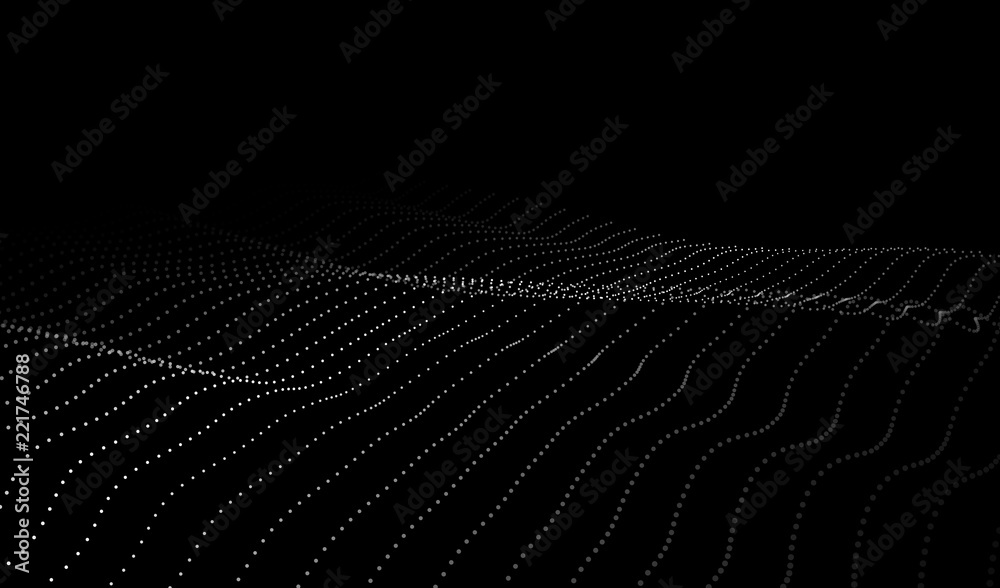 Wave 3d. Wave of particles. Futuristic point wave. Design for poster. Technology vector ...
