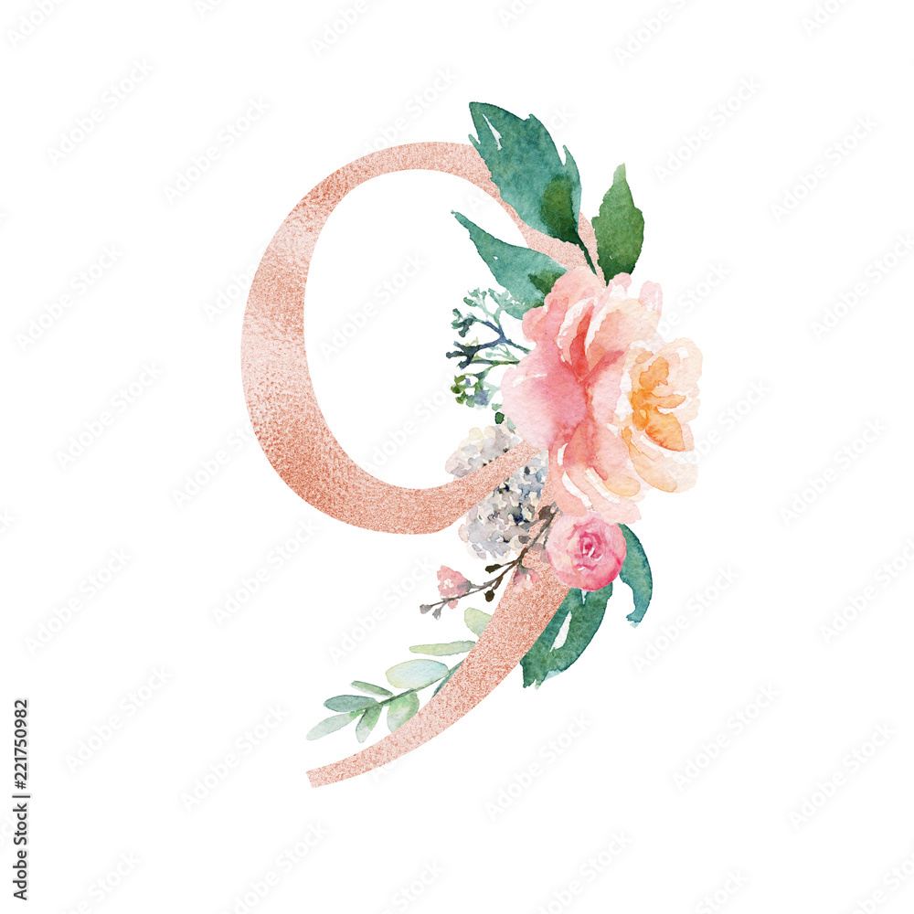 Peach Cream Blush Floral Number - digit 9 with flowers bouquet ...