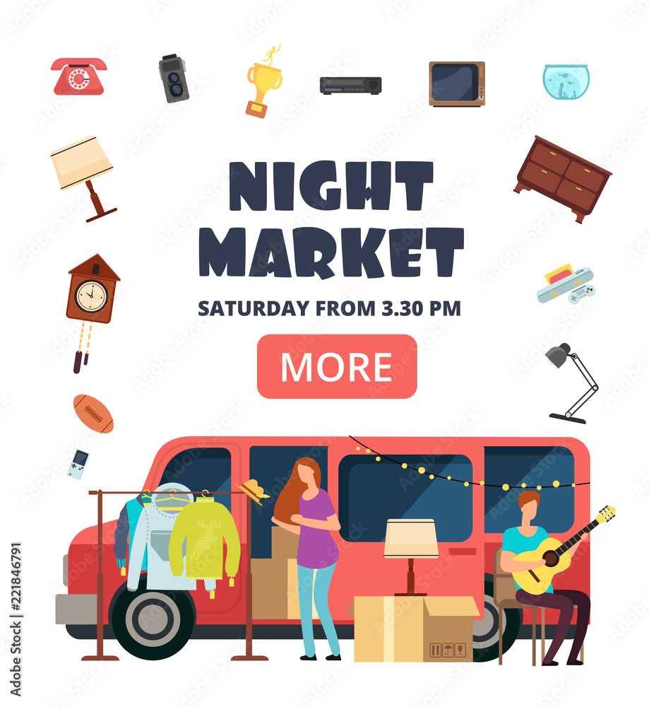 Night market, street bazaar invitation poster. Flea markets vector ...