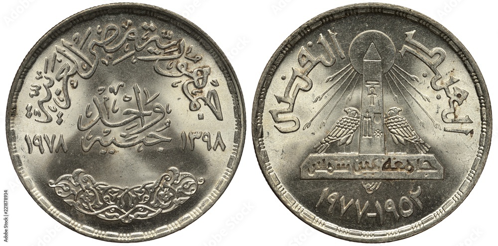 Egypt Egyptian silver coin 1 one pound 1978, country name, denomination ...