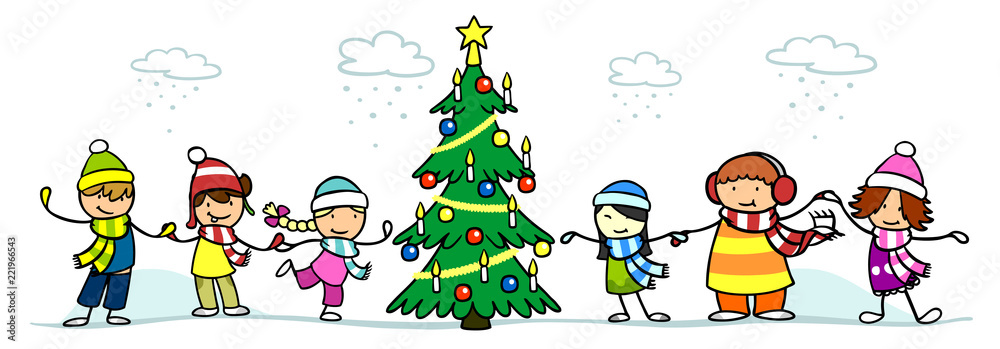 Stock-Illustration „Kinder zu Weihnachten um Weihnachtsbaum“ | Adobe Stock