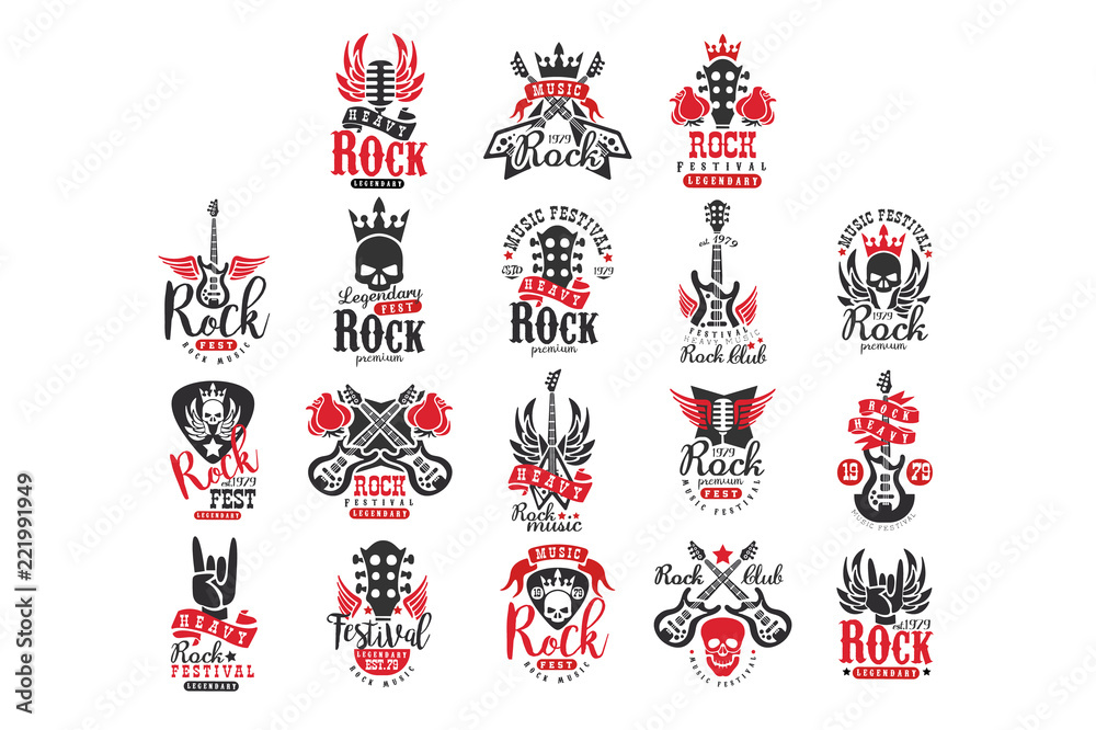Set of vintage rock logos. Original monochrome emblems with guitars ...