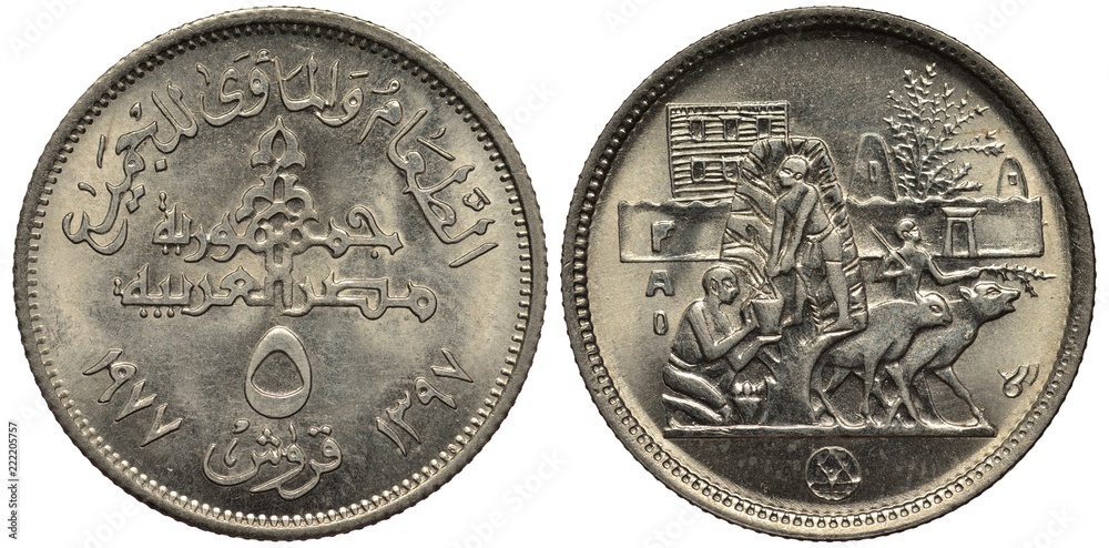 Fotografie Egypt, Egyptian coin 5 five piastres 1977, country name and value in Arabic, Subject ...