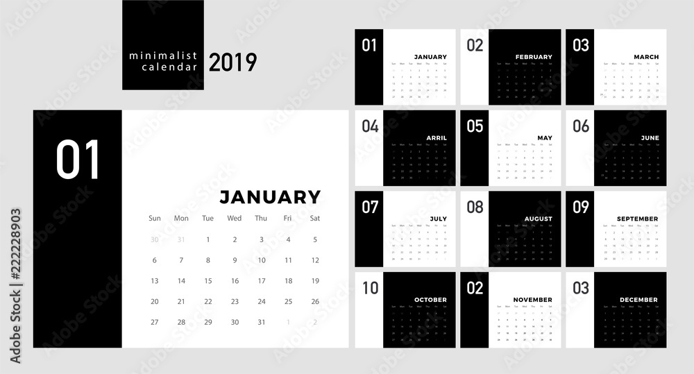 Calendar 2019 Trendy Minimalist Style. Set of 12 pages desk. minimal ...