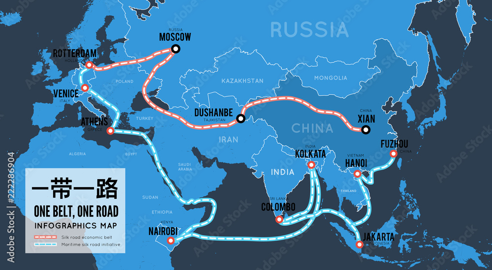 One belt one road. New Chinese trade silk road. map infographics Stock ...