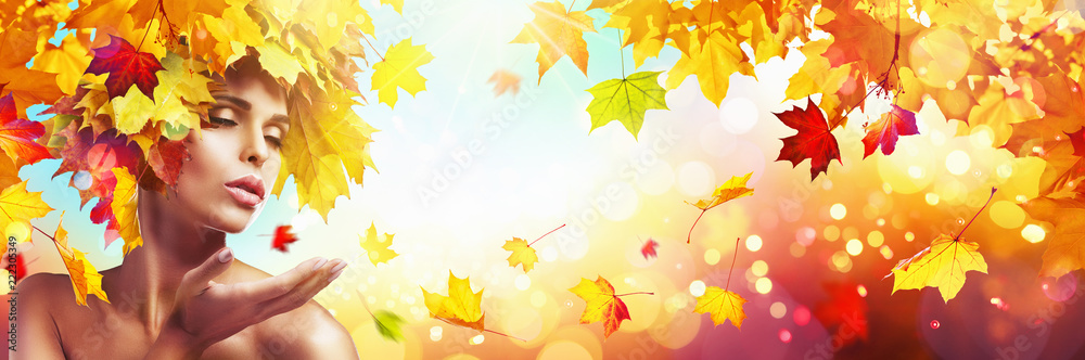 Beautiful Woman In Autumn With Falling Leaves Over Nature Background ...