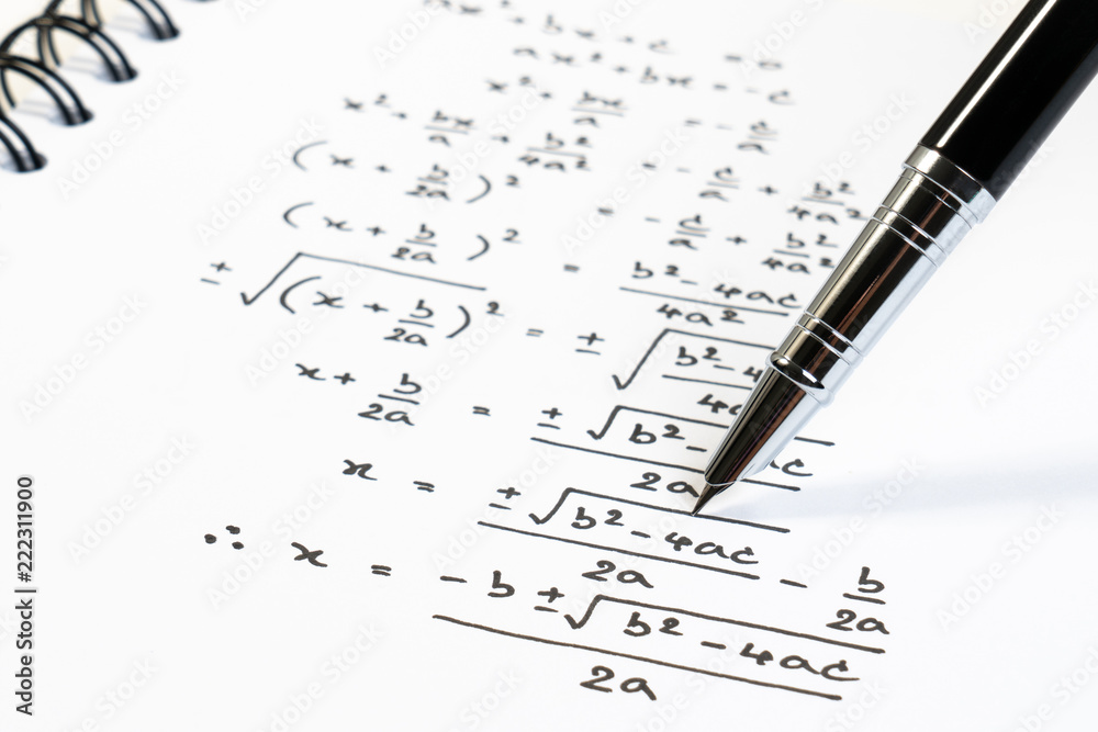 Handwriting of mathematics quadratic equation formula on examination ...