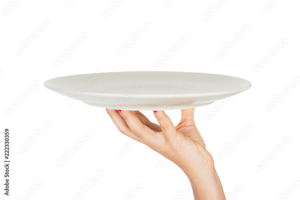 human hand with blank plate isolated on white background. perspective ...