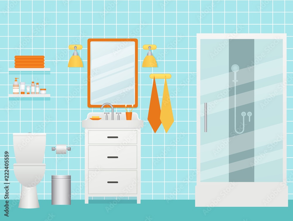 Bathroom interior. Vector. Cartoon room with shower cabin, sink and ...