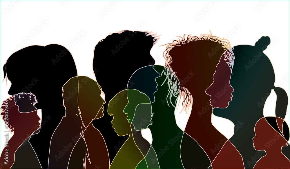 Vektor Stok Vector black silhouette of multiracial people of different ...