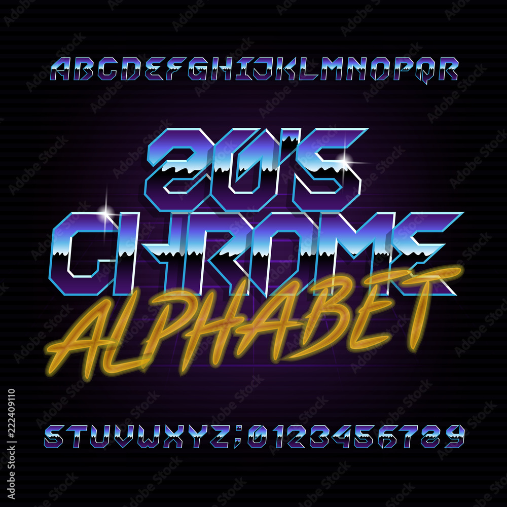 80s retro chrome alphabet font. Metallic effect shiny letters, numbers ...
