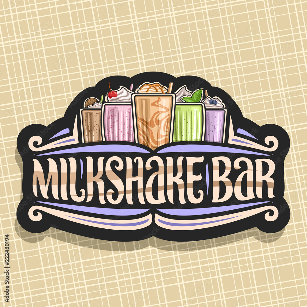 Vector signage for Milkshake Bar, 5 different dairy cocktails with ice ...