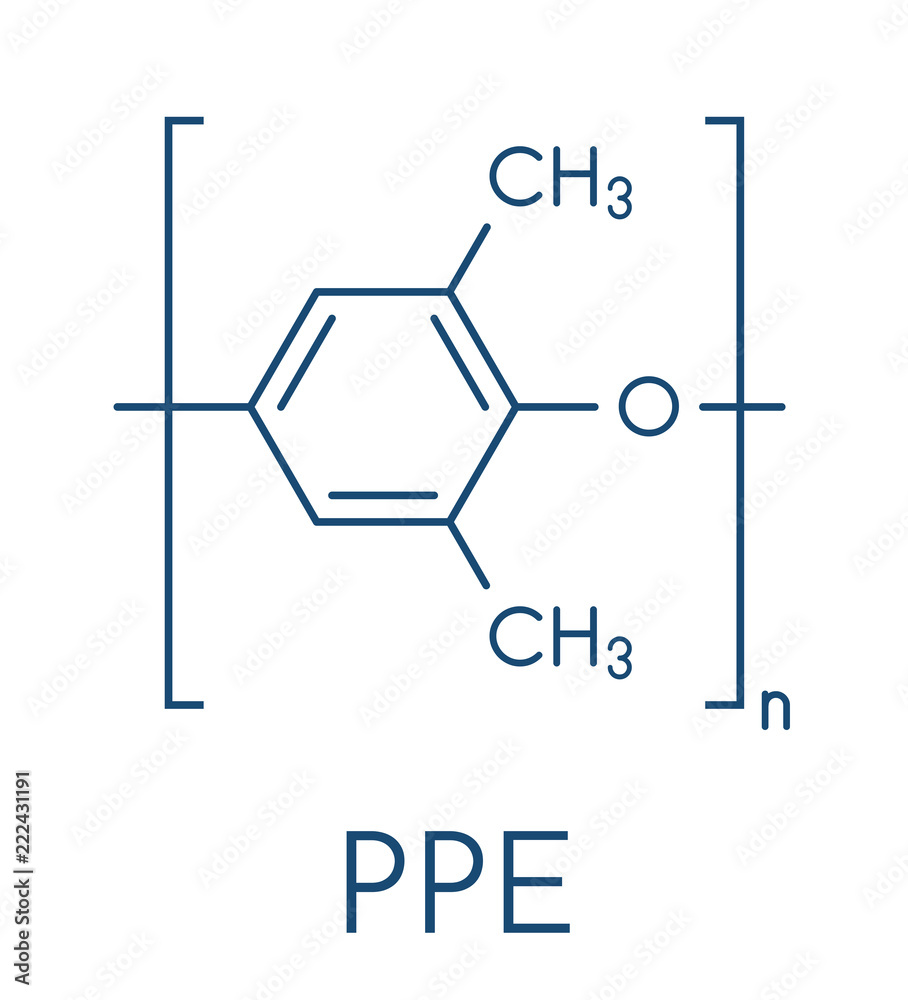 Poly(p-phenylene oxide) (PPO) polymer, chemical structure. Also known ...